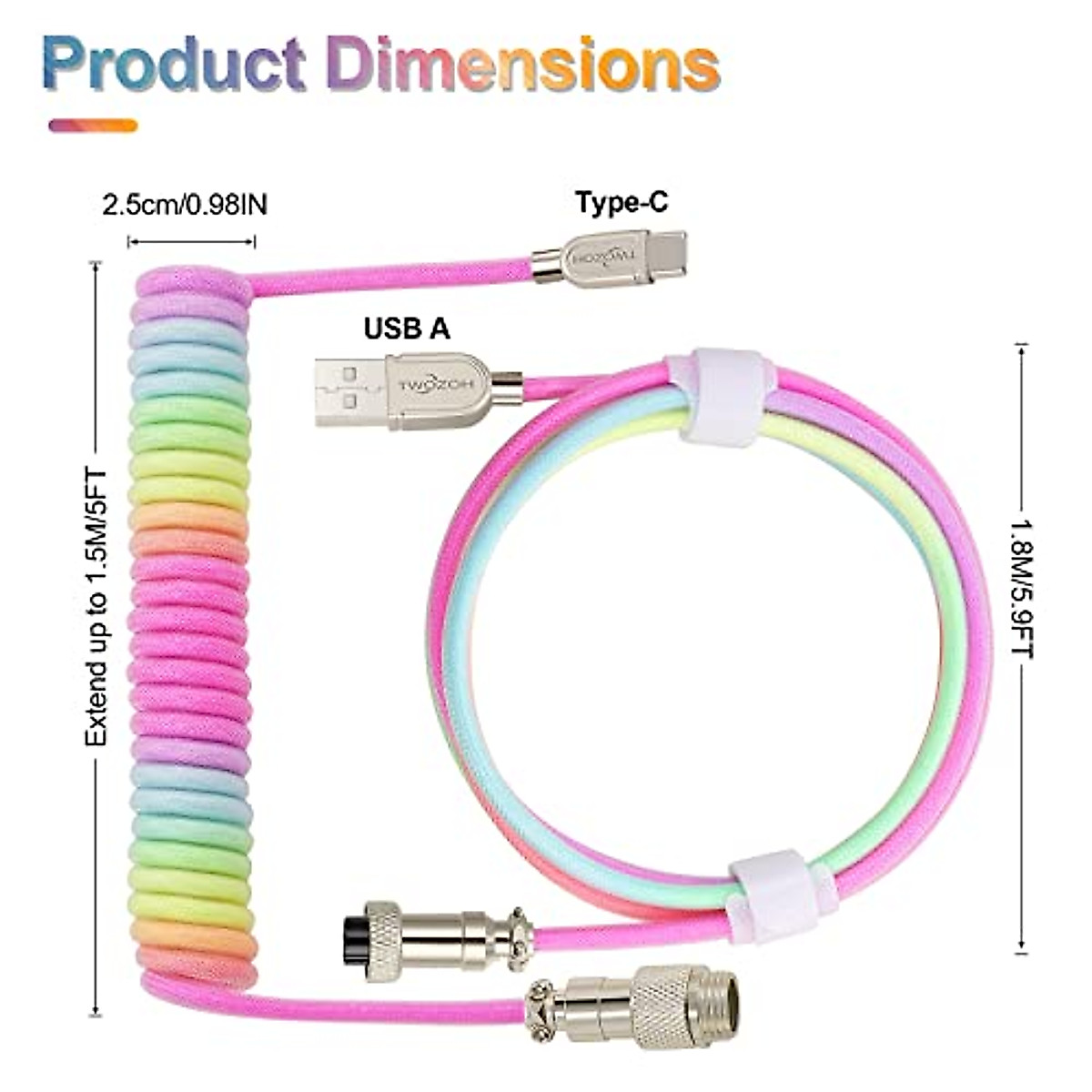 Twozoh USB C Keyboard Coiled Cable, Braided Detachable Aviator Double Sleeve Type C Mechanical Keyboard Cable (White)