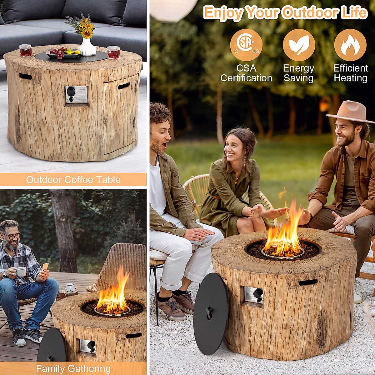 Tangkula 50,000 BTU Gas Fire Pit Table, Patiojoy 40” Round Propane Firepit with Removable Lid, Volcanic Rock & PVC Cover, Outdoor Fire Pit Table with Wood-Like Surface for Patio, Backyard