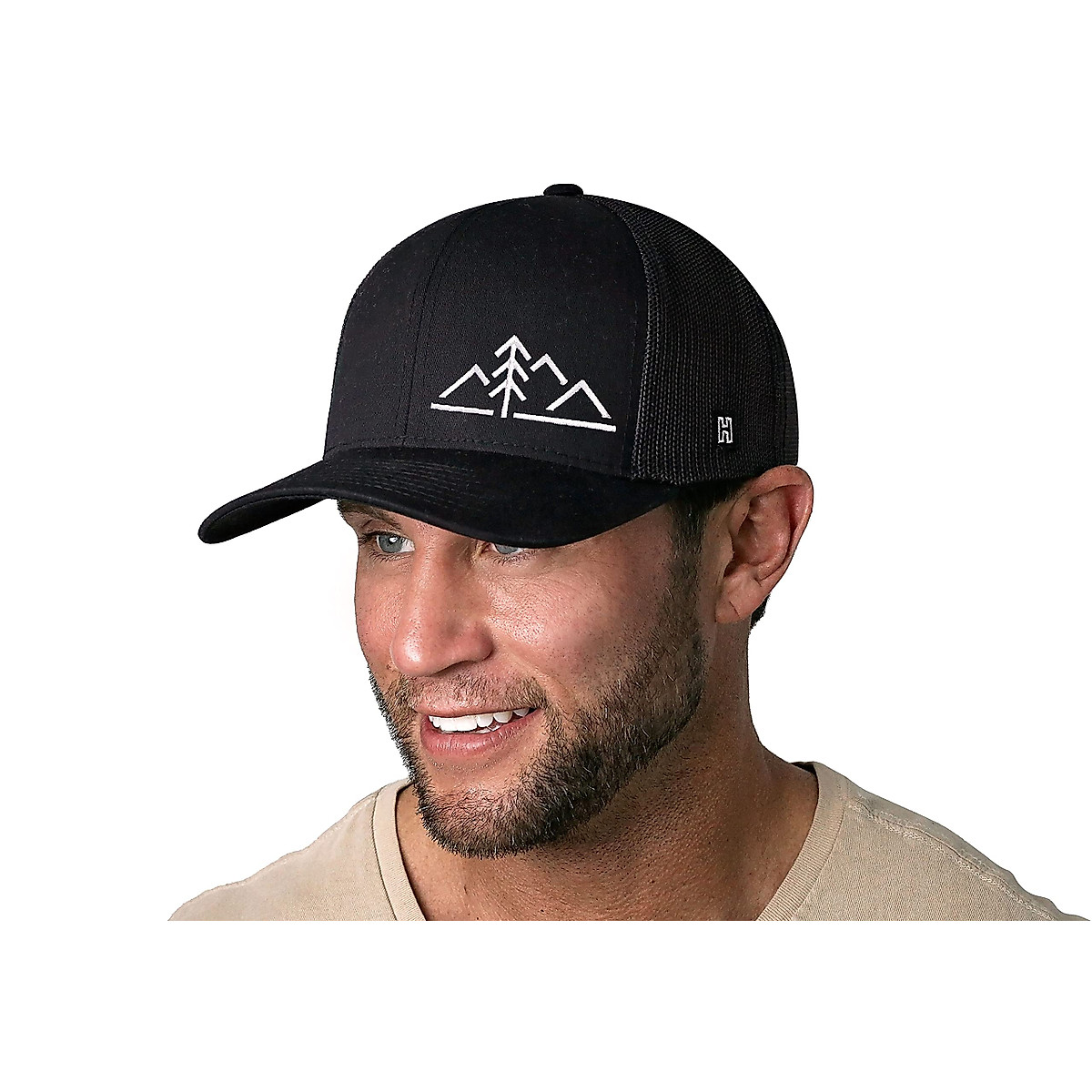 HAKA Mountain & Pine Tree (Modern) Embroidered Trucker Hat, Outdoor Hat for Men & Women, Adjustable Baseball Cap, Mesh Snapback, Golf Hat (Black)