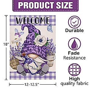 Dyrenson Welcome Spring Gnome Lavender Anemone Flower Decorative Garden Flag, Purple Buffalo Plaid Check Butterfly Floral House Yard Outside Decorations, Summer Farmhouse Outdoor Small Decor 12x18