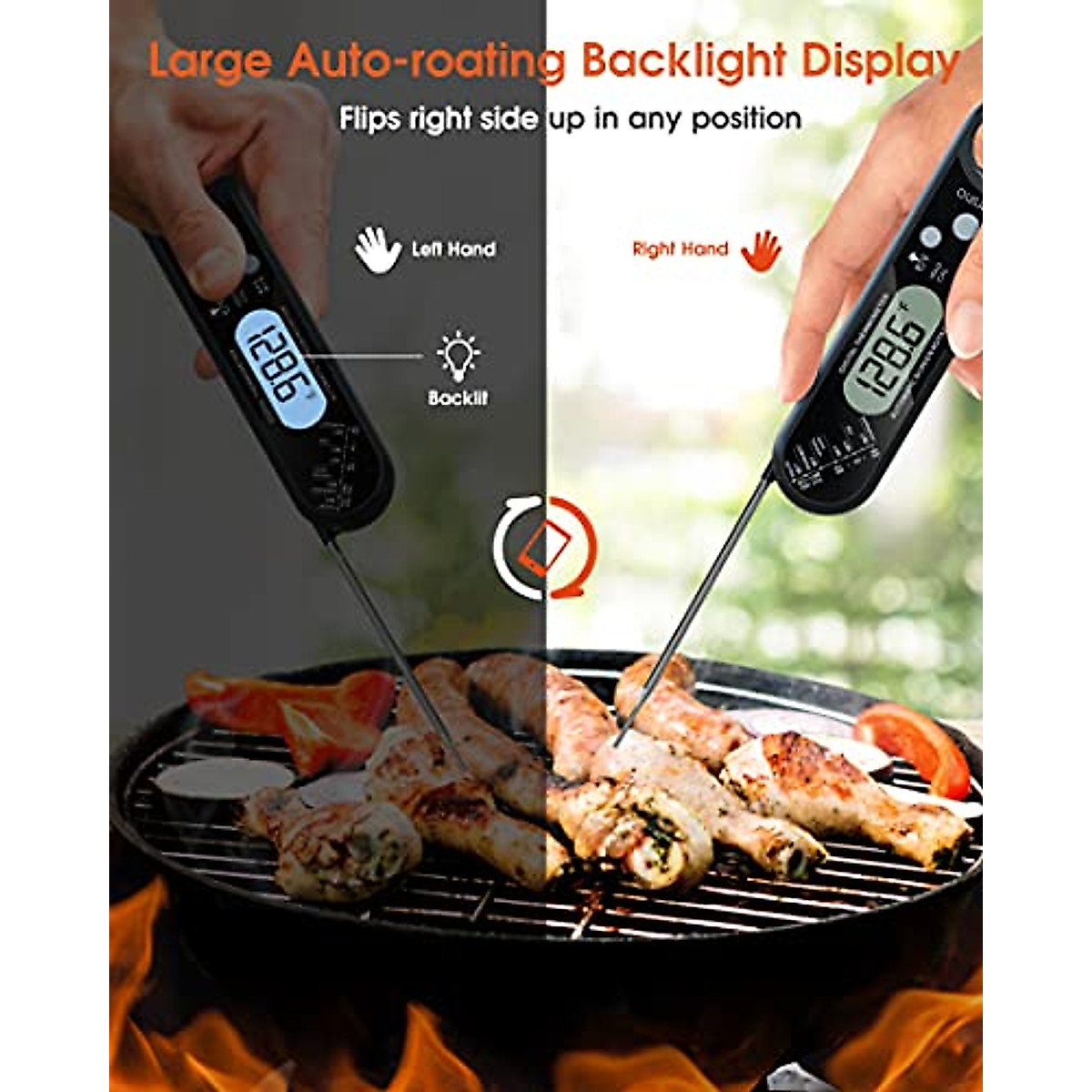 Meat Thermometer,Instant Read Meat Thermometer for Cooking, Fast & Precise Digital Food Thermometer with Backlight, Magnet, Calibration, and Foldable Probe for Deep Fry, BBQ, Grill, and Roast Turkey.