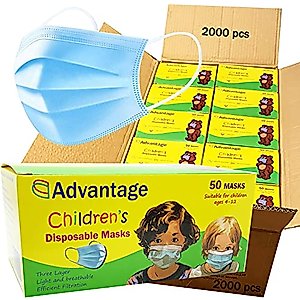 ADVANTAGE 2000 Pcs Premium Quality Kid's 3-Ply Bulk Blue Disposable Face Masks