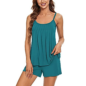 YYA Women's Cotton Pjs Pajamas Sleeveless Pajamas Tank Tops and Shorts Steel Blue M