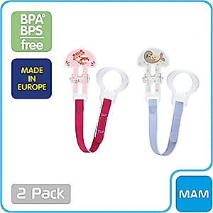 MAM Pacifier Clips for Baby Girls with Fasteners and Flexible Rings, Designs May Vary, 2 Count