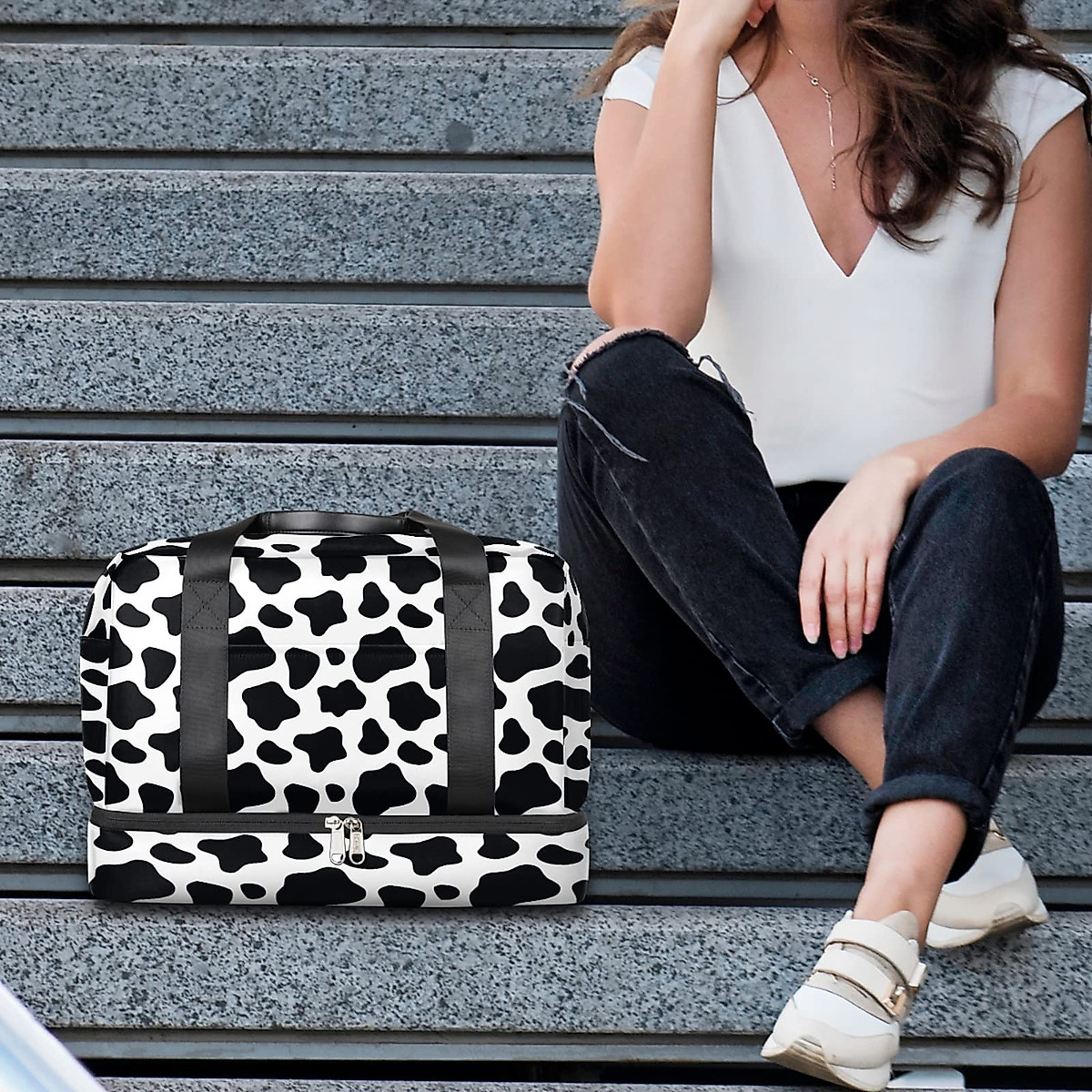 Cow Print Sports Gym Bag with Shoes Compartment,Black and White Travel Duffel Bag for Women Men Boys Girls Teens Overnight Weekend Yoga Workout Bag Training Handbag