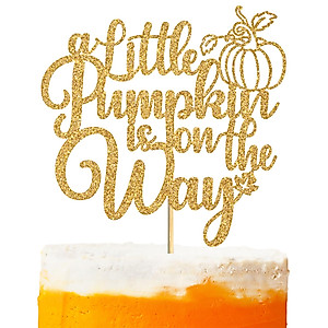 A Little Pumpkin is On The Way Cake Topper, Welcome Little Pumpkin Cake Decor, Fall Autumn Baby Shower/Halloween Thanksgiving Baby Gender Reveal Party Decorations Supplies, Gold Glitter