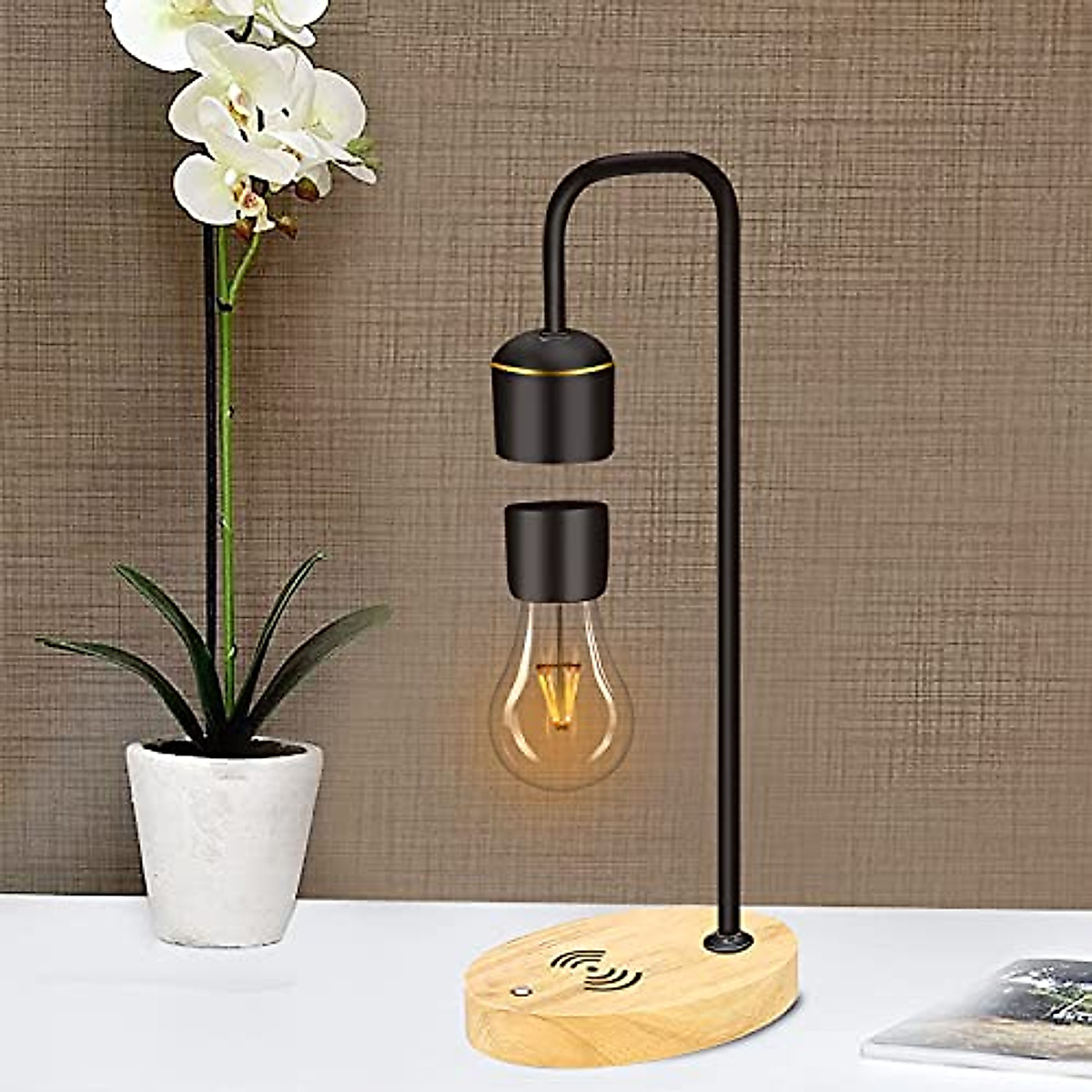 Floatidea Magnetic Levitating Light Bulb Levitation Real Wood Black Floating Desk Lamp LED Night Lights with Luxury Wireless Charging Pad (Apple/Android) for Christmas Gift