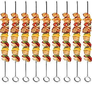 Metal skewers for grilling，skewers for kabobs，stainless steel skewers 14” Flat Shish Kabob Skewers with Ring Handles ，metal skewers ,Reusable BBQ Sticks - 10 Pack with Storage Bag