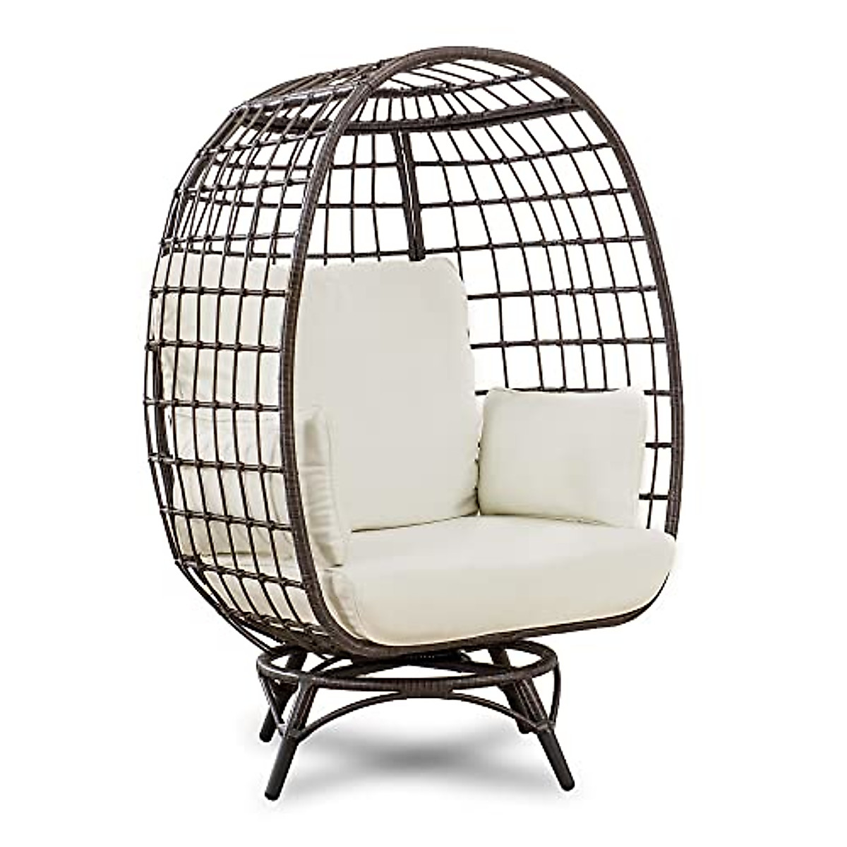 Sunjoy Cuddle Wicker Swivel Lounge, Oversized Indoor Outdoor Egg Chair with 4 Cushions for Patio, Backyard, Living Room, Brown