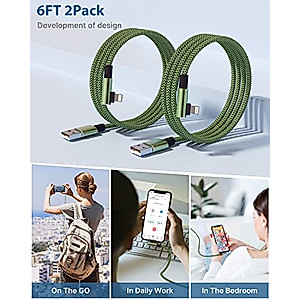 Yosou iPhone Charger 90 Degree 6FT 2Pack, Apple Certified Lightning Cable Braided Fast Charging Cord Right Angle Phone Charger iPhone Compatible with iPhone 13 12 11 Pro XR XS 10 8 7 6 6s - Green