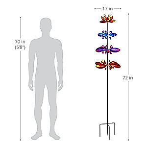 Exhart Wind Spinner, Lotus Flower Garden Stake with 4 Flowers, Wind Powered Metal Outdoor Garden Decor and Yard Art, 17 x 72 Inch