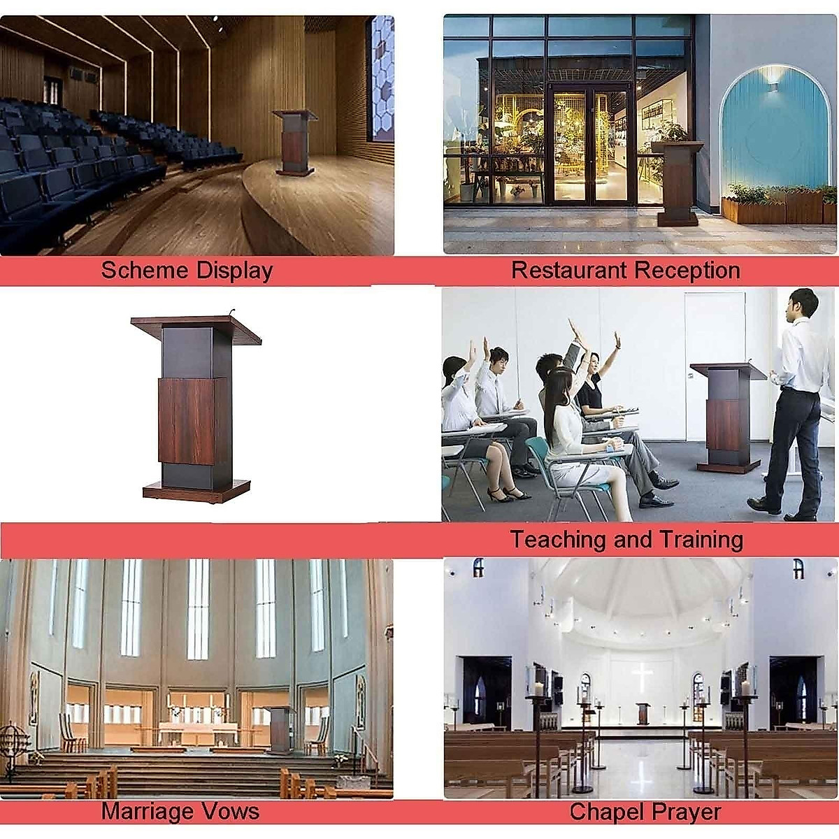 Mfallon Portable Podium with Locking Wheels, Office Conference Room Mobile Podium Table, Wooden Lecture Podium Reception Desk, Inclined Floor Podium, 60 * 70 * 118 CM (Brown)