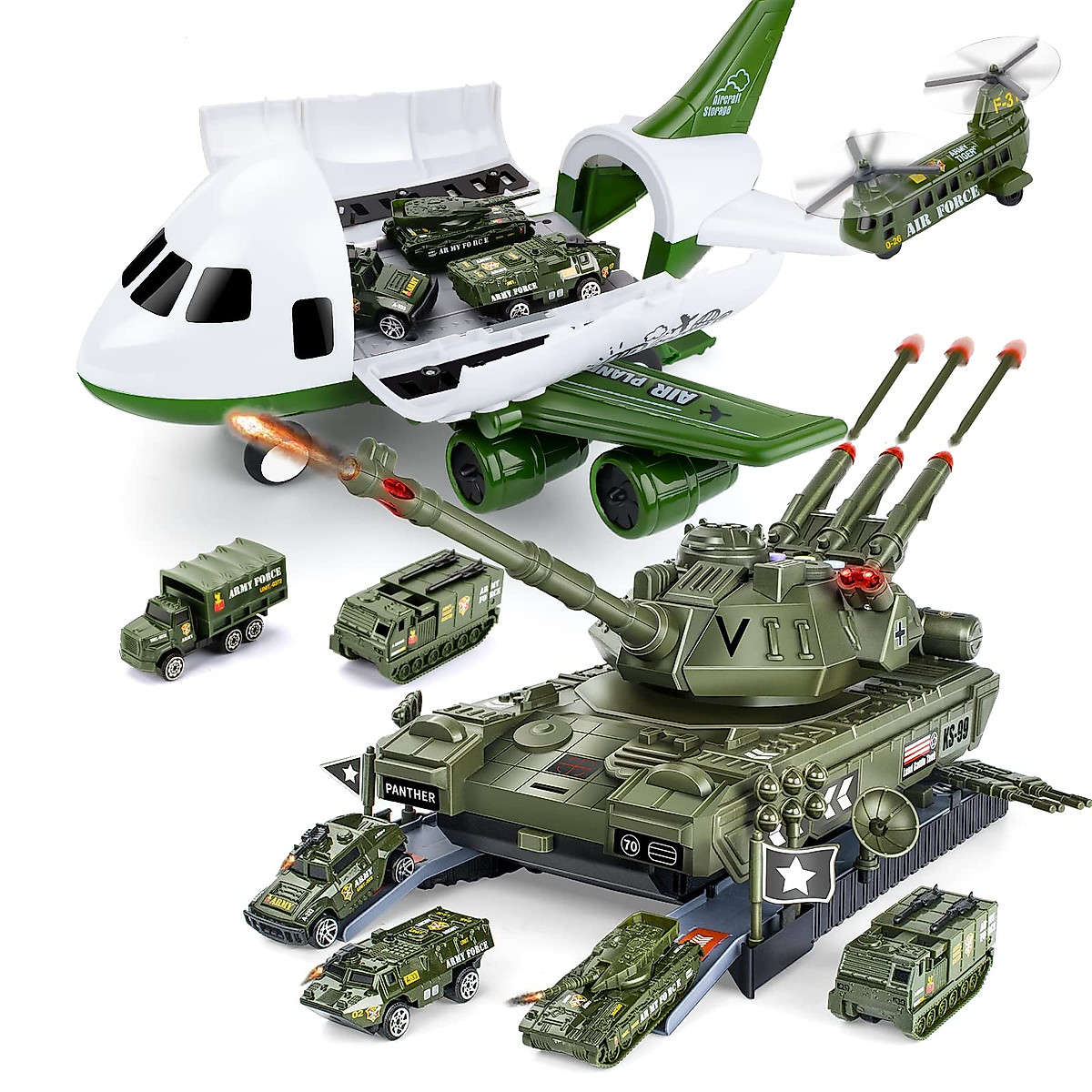 UNIH Army Tank Toy Set Bundle with Transport Cargo Airplane Toy Set, Military Toys Playset with Solidier Men and Mini Diecast Car Vehicles, Birthday Gift for Kids Toddler Boys 2 3 4 5 6 7 Years Old