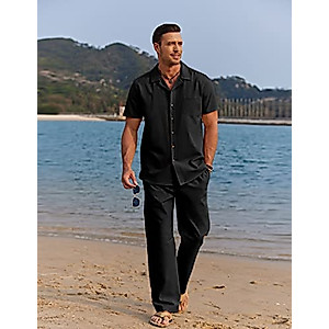 COOFANDY Mens Coordinated Outfit  Linen Beach  Casual Cuban Button Up Shirts Drawstring Pants, Black, X-Large