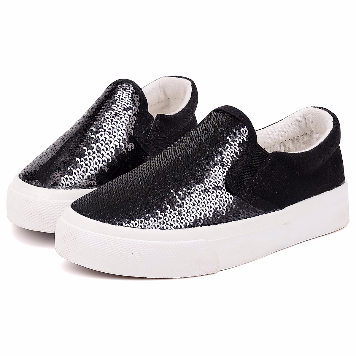 Toandon Girls Boys Kids Sneakers Loafer Shoes Slip On Toddler Sequins Glimmer Glitter Canvas Sparkle Low Top Non Slip Rubber Sole Lightweight Breathable Walking Outdoor Fashion Casual Black Size 2