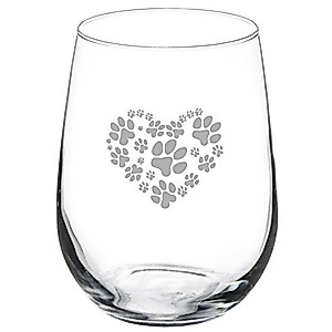 17 oz Stemless Wine Glass Love Animals Heart Paw Prints