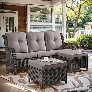 Outdoor Patio Furniture - 3 Seater Outdoor Rattan Wicker Sofa Patio Couch with Ottoman for Porch Deck Garden Backyard - Brown/Grey