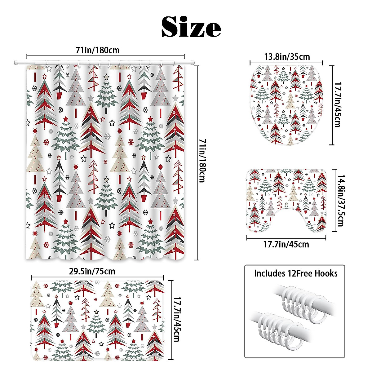 MEHOFOND 4pcs Christmas Shower Curtain Sets Xmas Tree Shower Curtain Sets Christmas Bathroom Sets with Shower Curtain and Rugs Toilet Lid Cover and U Shape Mat Washable 72"x72"