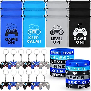 Jexine 36 Pcs Video Game Party Favors Include 12 Gamer Drawstring Bags 12 Gamer Bracelets Wristbands and 12 Video Game Controller Keychain Decorations for Video Game Birthday Party Supplies