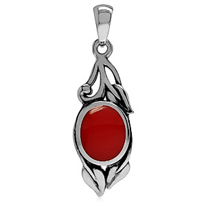 Silvershake Created Red Coral 925 Sterling Silver Vintage Inspired Leaf Pendant