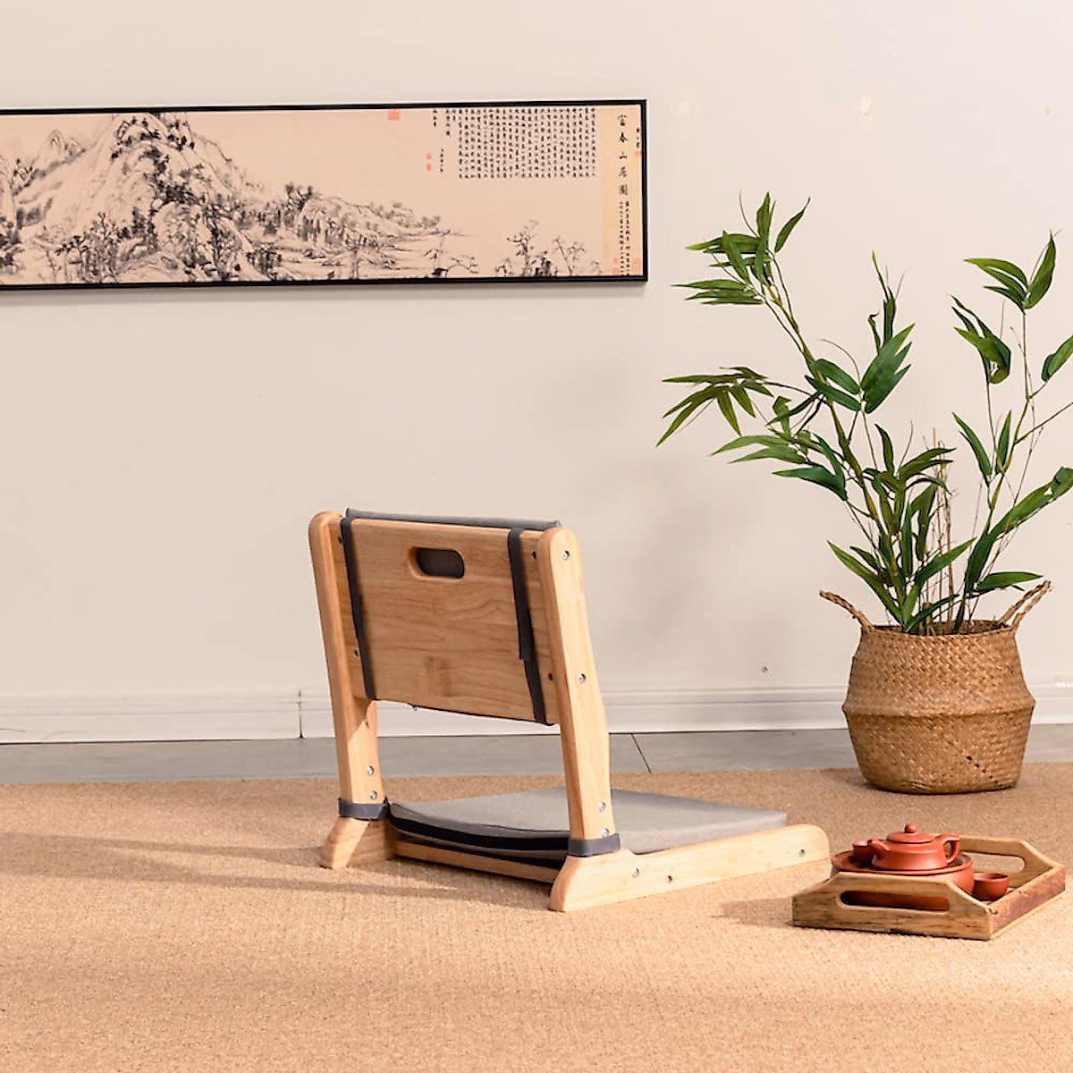 Tatami Chair Accent Furniture,Foldable Meditation Floor Chair, Living Room Chair Floor Seat, Portable Japanese Legless Chair,Lazy Sofa for Bay Window Meditation Reading (Wood Natural + Grey Cushions)