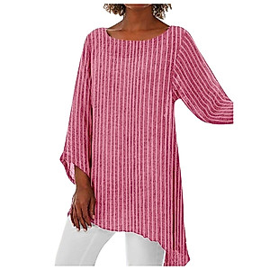 wodceeke Women's Three-quarter Sleeve T-shirt Round Neck Striped Shirt Tee Casual Loose Irregular Hem Tops (Pink, XXXL)