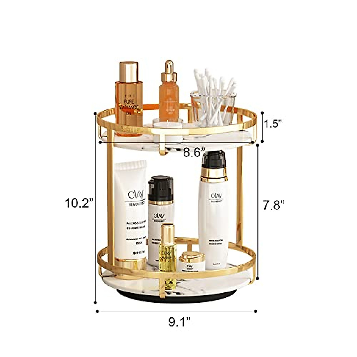 WINTENT Metal Rotating Makeup Organizer with makeup brush holder ,2 tier Lazy Susan Bathroom Organizer Countertop Gold (2 Tier)