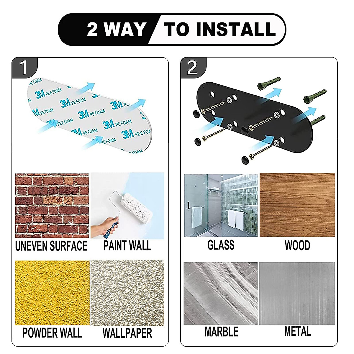 2 Pack Metal Paper Towel Holder, Easy Tear with Damping Function, Single Hand Operable Wall Mount Paper Towel Holder, Self-Adhesive or Drilled for Kitchen,Under Cabinet, Bathroom. Black