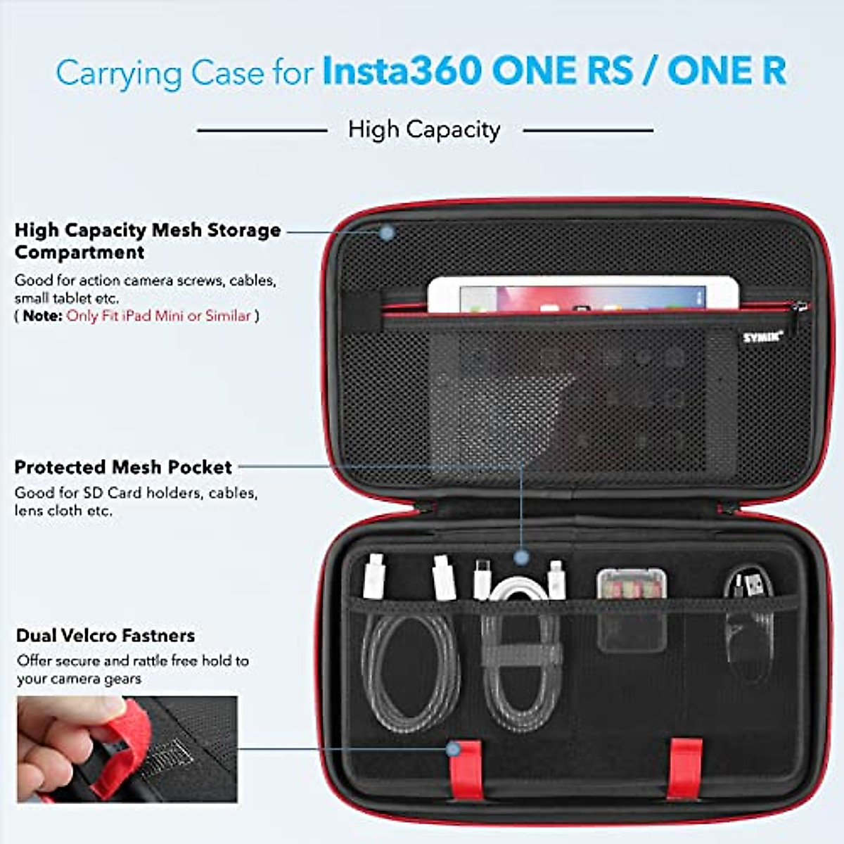 SYMIK S310-R Carrying Case for Insta360 ONE RS/R Action Camera, W/ Padded Separator; Fits Twin Edition, 4K Edition, Expert Edition, Invisible Selfie Stick, Bullet Time Handle/Tripod, Fast Charge Hub