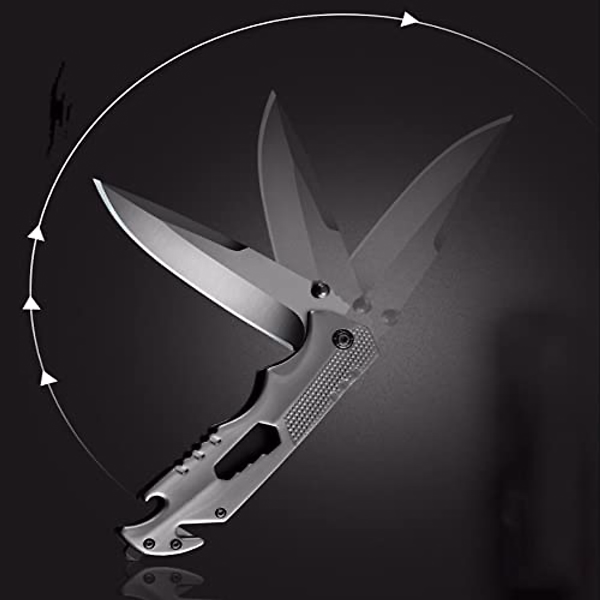 Link Knife Pocket Knife 5-in-1 Large Blade Cutting, Bottle Opener & No. 4 Wrench,Seatbelt Cutter, Glass Breaker for Emergencies, with Liner-Lock, Clip,Multifunctional Folding Knife, Gray