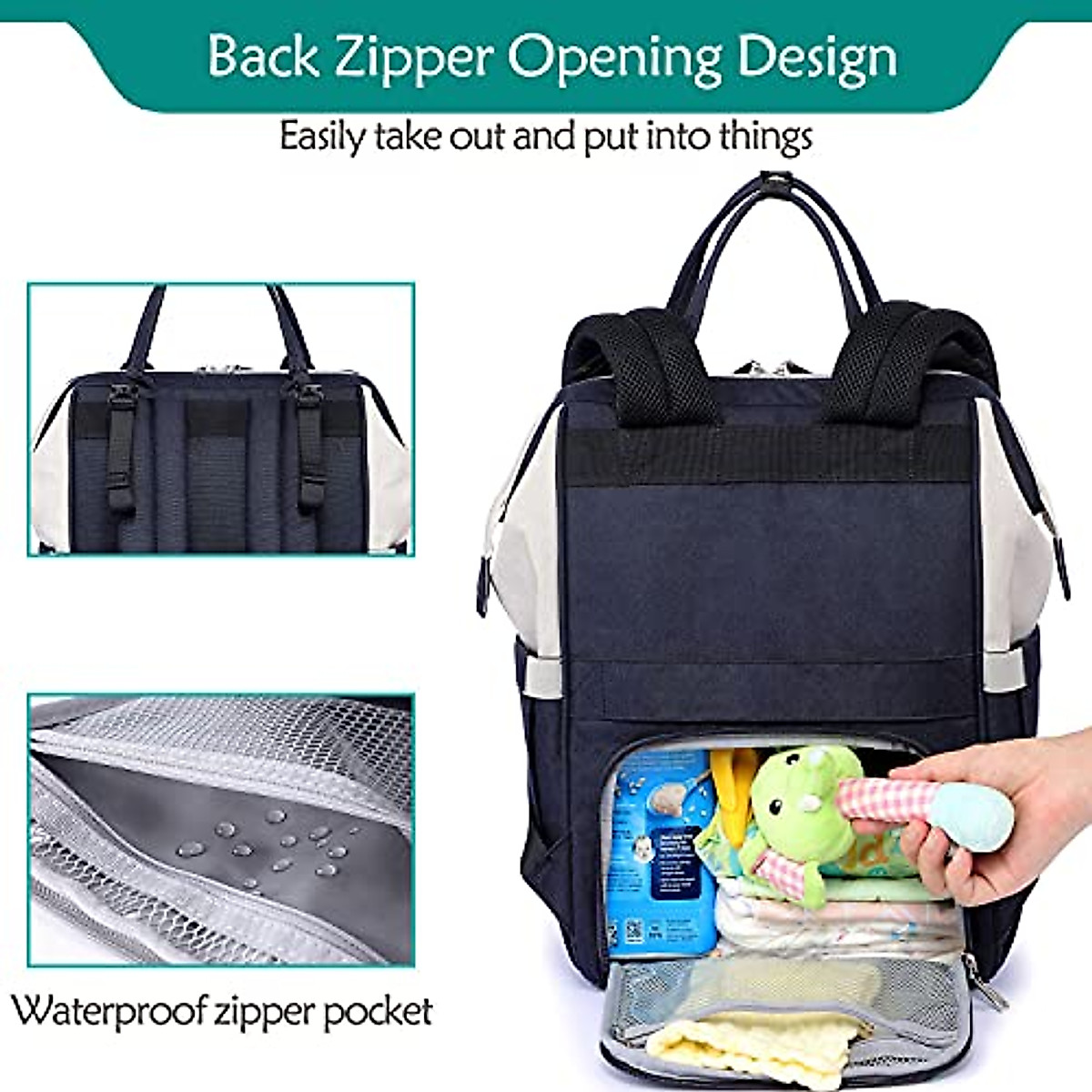 BabbleRoo Diaper Bag Backpack, Multifunction Large Bags with Changing Pad & Stroller Straps & Pacifier Case, Unisex Stylish Travel Back Pack Nappy Changing Bag for Moms Dads (Stone Gray & Blue)