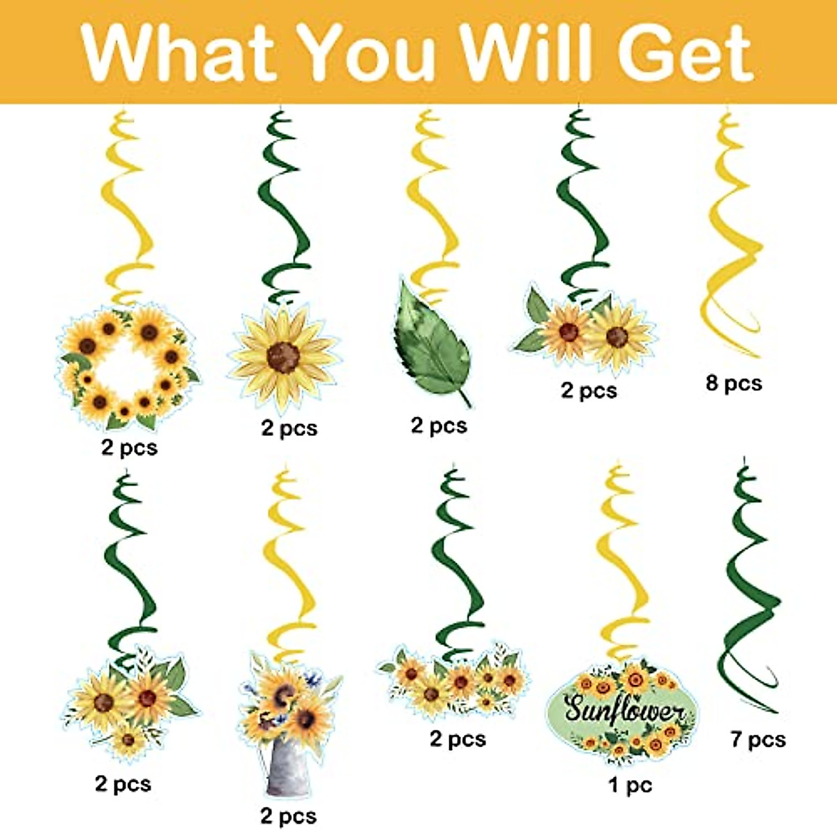 UOMNICUE 30 PCS Yellow Sunflower Hanging Foil Swirls Ceiling Streamers Wall Decor Party Supplies for Kids Birthday Baby Shower Spring Summer Flower Themed Party Decoration