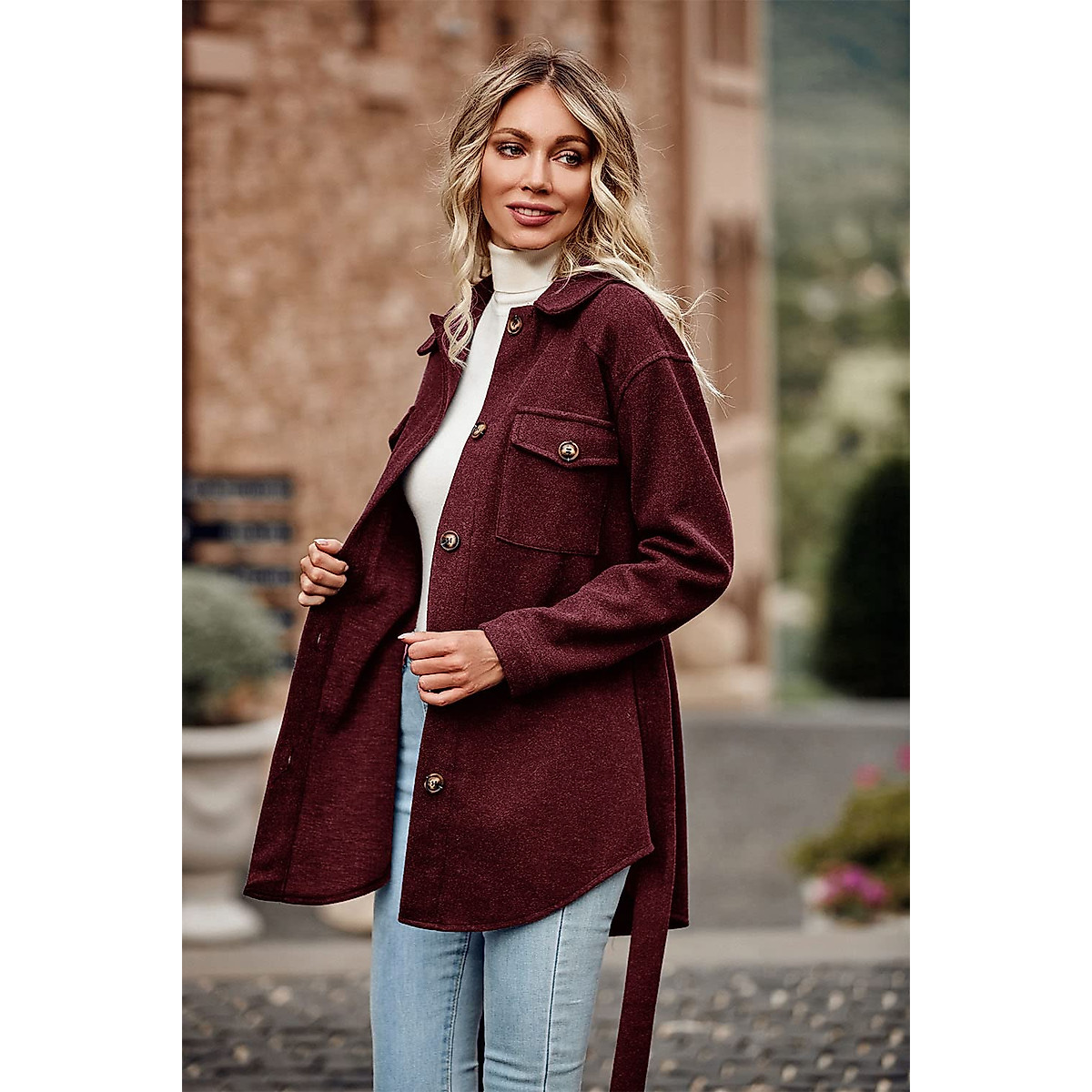 PRETTYGARDEN Women's Fall Fashion Winter Trench Coats Lapel Button Down Peacoat Belted Outerwear Casual Jackets (Wine Red,X-Large)