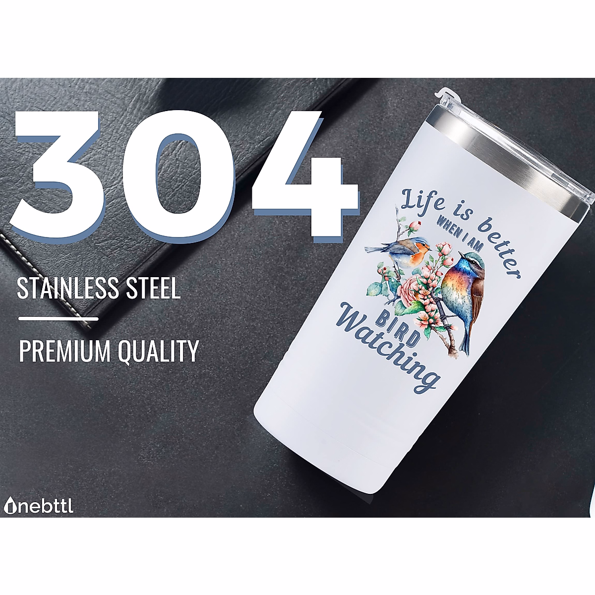 Onebttl Bird Watching Gifts, Bird Watching Tumbler for Bird Lovers & Bird Watchers, 20oz Stainless Steel Insulated Tumbler with Lid & Straw, Gift Card & Box Included, Best Gift for Birthday - White