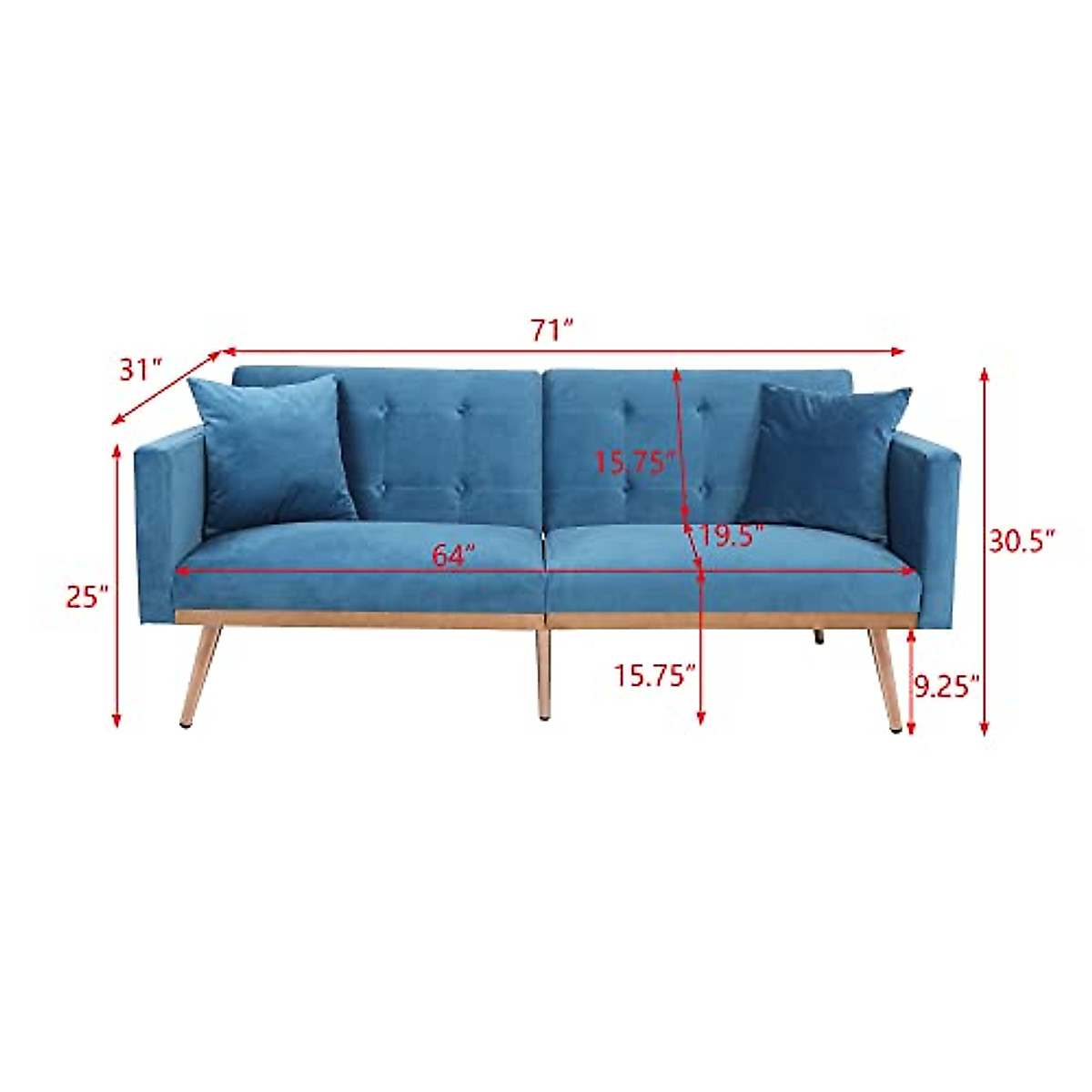 RARZOE Velvet Sofa Bed Loveseat Sofa Accent Sofa, Mid Century Modern Convertible Sleeper Couch, Futon Sofa Bed with 2 Pillows for Living Room Bedroom Apartment,Water Blue