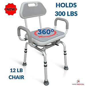 Inno Medical Premium Bathroom Swivel Padded Shower Chair Bath Bench with Back, 360 Degree Swivel Seat with Locking Mechanism and Center Lever for Easy Swivel