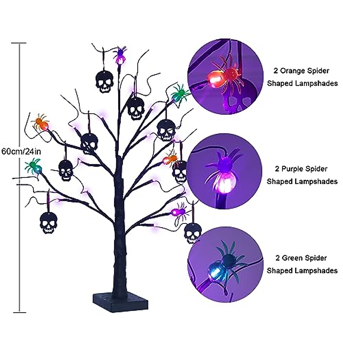 YEAHOME Halloween Decorations Indoor, 24”/2FT Black Scary Halloween Tree with LED Purple Lights, Skeleton Ornaments and Spider Shaped Lampshades, Battery Powered Timer for Home Table Mantel Decor