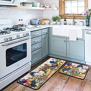 OUXIOAZ Rooster Kitchen Rugs and Mats Non Skid Washable Absorbent Microfiber Kitchen Mat for Floor, Kitchen Mat Set of 2 Rooster Kitchen Decor Stain Resistant 17"x47"+17"x30"