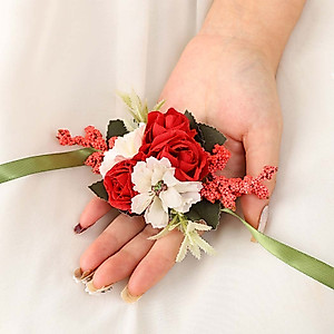 CASDRE Flower Wedding Wrist Corsage Red Floral Bridal Corsage Wristlet with Ribbon Prom Hand Flowers for Women and Brides