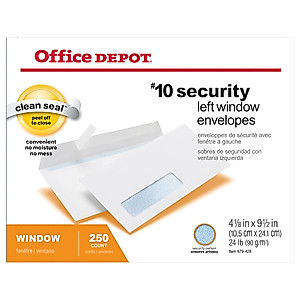 Office Depot Clean Seal(TM) Security Window Envelopes, 10 (4 1/8in. x 9 1/2in.), White, Pack Of 250, 77292