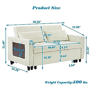 3 in 1 Convertible Sofa Bed Pull Out Couch Sleeper Modern Velvet Loveseat Couch Futon Sofá Bed w/Reclining Backrest,Side Coffee Table,2 Pillows,Lounge Sofa for Living Room Apartment Home Office,White