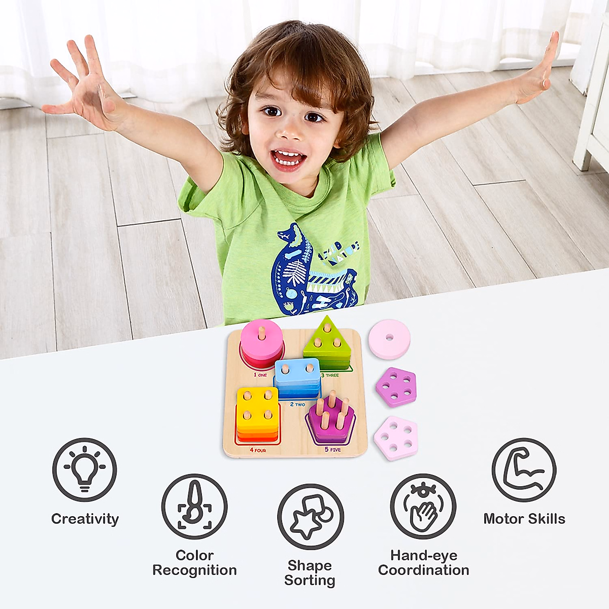 TOOKYLAND Wooden Geometric Shape Sorter - 21pcs Shape and Color Recognition Toy, Ages 2+