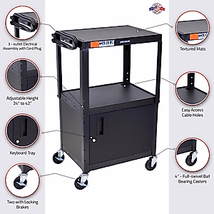 Luxor Multipurpose Adjustable Height Steel A/V Utility Cart with Cabinet - Black