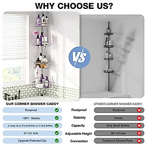 Corner Shower Caddy Tension Pole: Stainless Steel Rustproof 4-Tier Shower Organizer - 47-121 inch Adjustable Bathroom Shelves for Bathtub Shampoo Storage - Tension Rod Floor Standing Bath Rack -Sliver