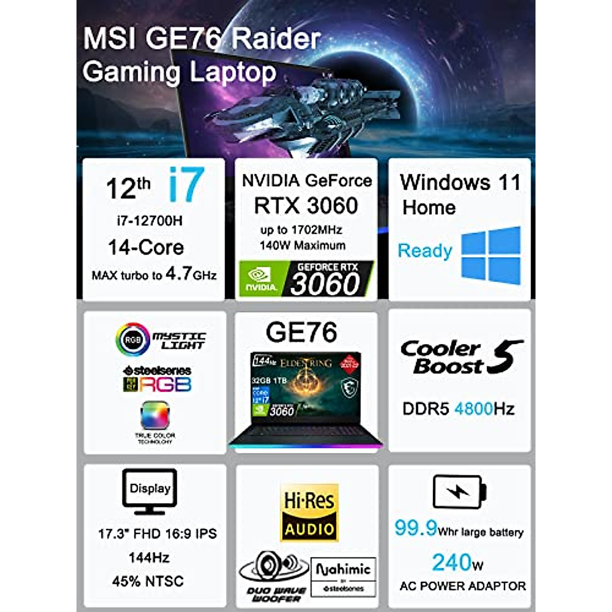 MSI GE76 Raider 17.3" 144Hz (Intel 12th Gen i7-12700H (Beat i9 11980HK), GeForce RTX 3060 6GB 140W, 64GB DDR5 RAM, 2TB PCIe SSD) FHD Thin Bezel Gaming Laptop, Thunderbolt 4, RGB Backlit, Win 11 Home