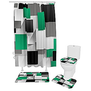4 Pcs Shower Curtain Set with 12 Hooks Geometric 3D Abstract Green Black Gray Square Pattern Bathroom Sets with Non-Slip Bath Mat Toilet Lid Cover Waterproof Durable Shower Curtain and Rugs
