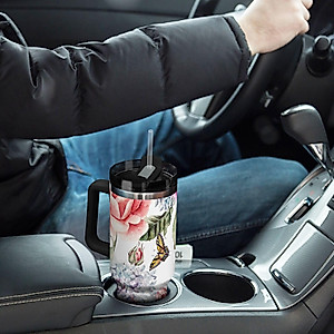 Yasala Car Tumbler with Handle Peony Butterfly Watercolor Travel Mug Coffee Cup Insulated Beverage Container Mega Cup for Hot Cold Drinking Thermos Water Bottle Cupholder Friendly 40 oz