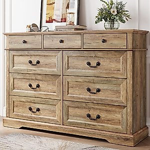 LINSY HOME Farmhouse 9 Drawers Dresser for Bedroom, Wood Bedroom Dresser Farmhouse Drawer Chest, 9 Chest of Drawer, Tall Dresser for Closet, Dressers Organizer for Living Room, Closet, Hallway, Brown