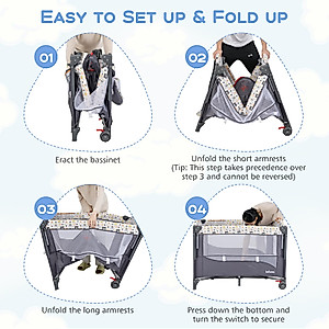 INFANS Pack and Play, 5 in 1 Baby Bedside Sleeper with Bassinet, Diaper Changer, Mattress, Carry Bag, Music Box Hanging Toys, Foldable Bedside Crib, Portable Playard for Newborn Toddlers (Bear)