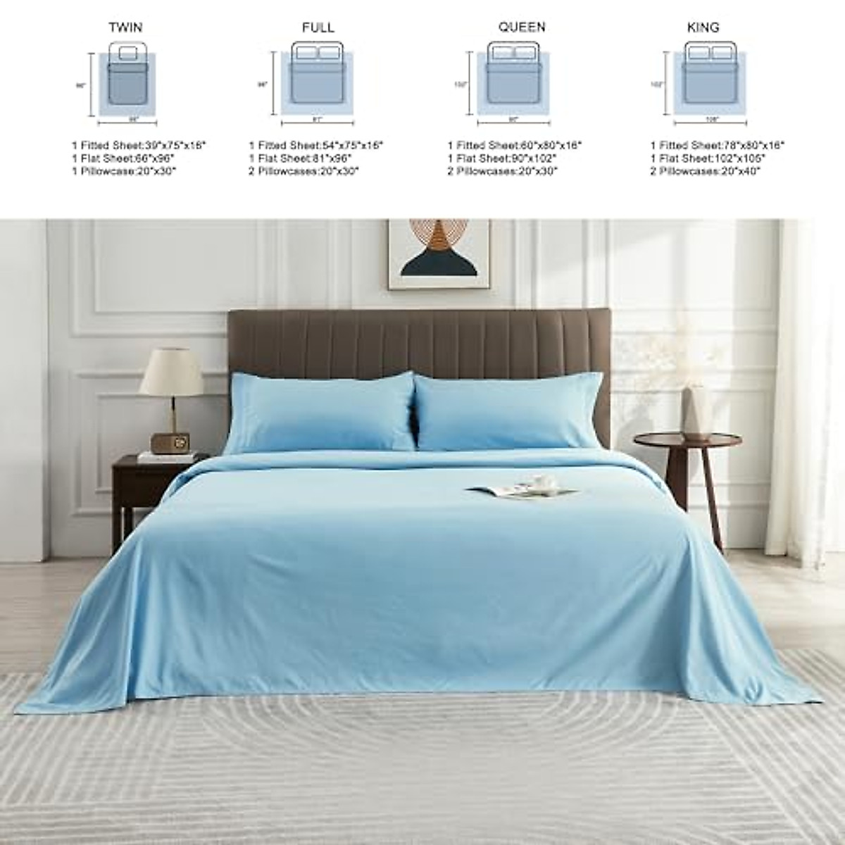 WODFAMY Microfiber Easy Fit Twin Size Bed Sheet Set Extra Soft Deep Pockets Luxury Hotel 3 Piece Set Light Blue Bed Sheets Twin Sheets